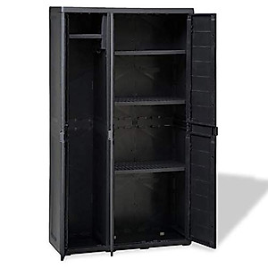 Outdoor Storage Shed Storage Cabinet Lockable with 3 Doors 4 Adjustable Shelves Bottom Drain Slots, 97 x 38 x 171 cm PP Black