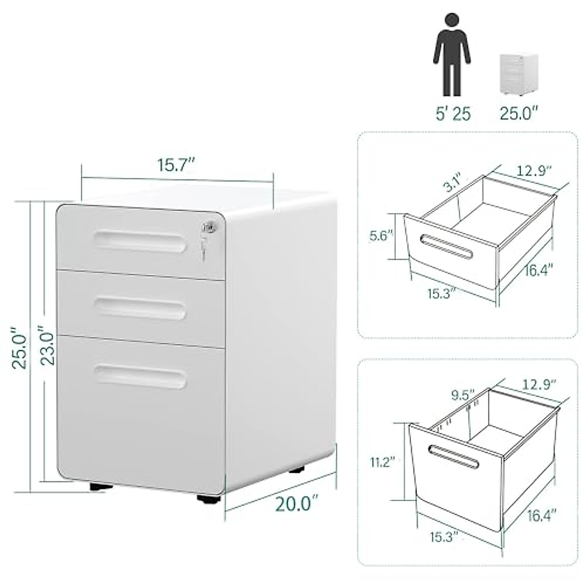 YITAHOME 3-Drawer Metal Mobile File Cabinet, Rolling Filing Cabinet with Lock, Filing Cabinet Under Desk fits Legal/A4 Size for Home/Office, Fully Assembled,White and Grey