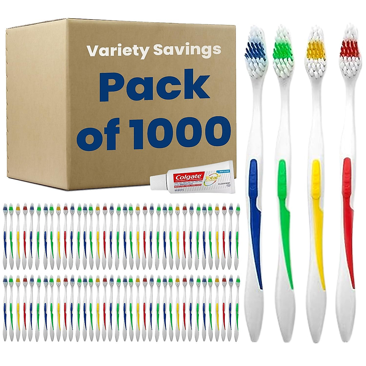 Variety Savings 1000 Toothbrushes Bulk Wholesale Quantity Standard Size, Dental Care Toiletries, Medium Soft Bristles, Individually Wrapped, Homeless Care, Disposable Use, Hotels, Travel,