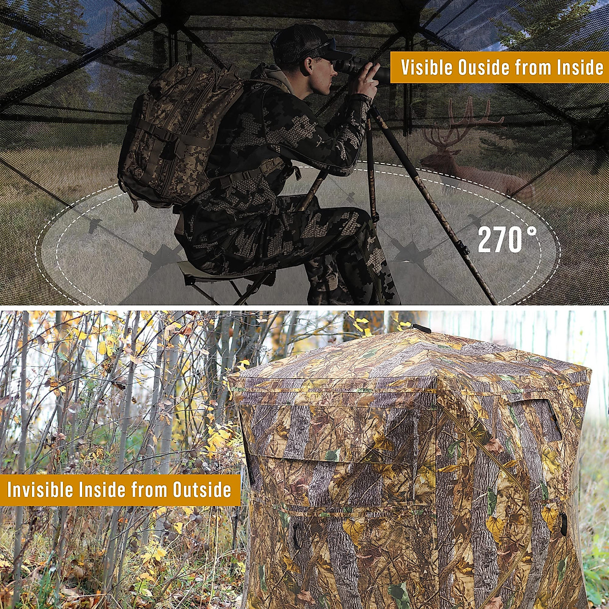 RPNB One-Way 270 Degree See Through Hunting Blind, 2-3 Person Portable Pop-Up Ground Blinds with Carrying Bag, Noise-Free Sturdy Camouflage Hunting Tent for Deer & Turkey Hunting