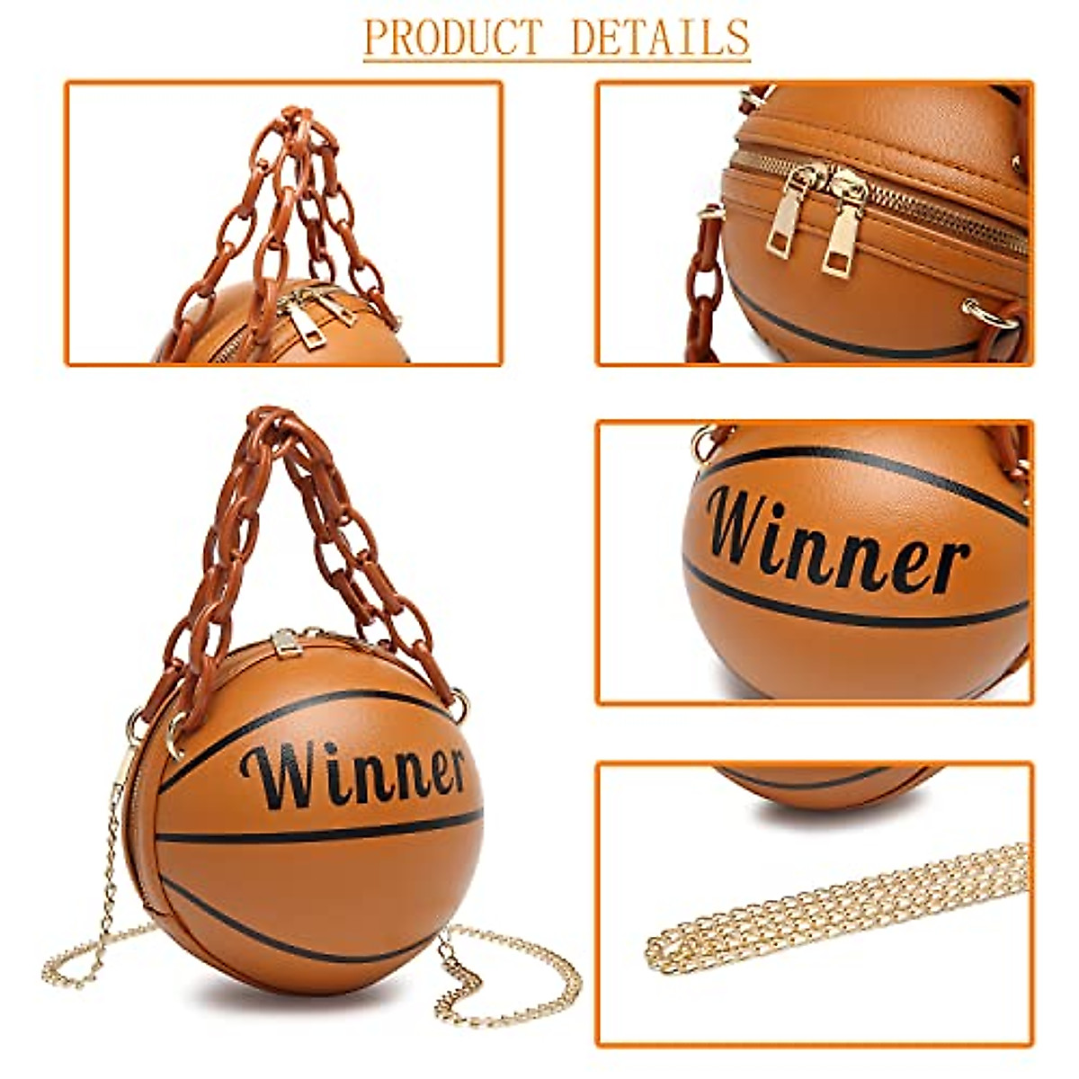 Obovoid Women's basketball bag Basketball-Shaped Crossbody Bag Handbag Girl Mini One-Shoulder PU Leather Round Handbag (Yellowish brown)