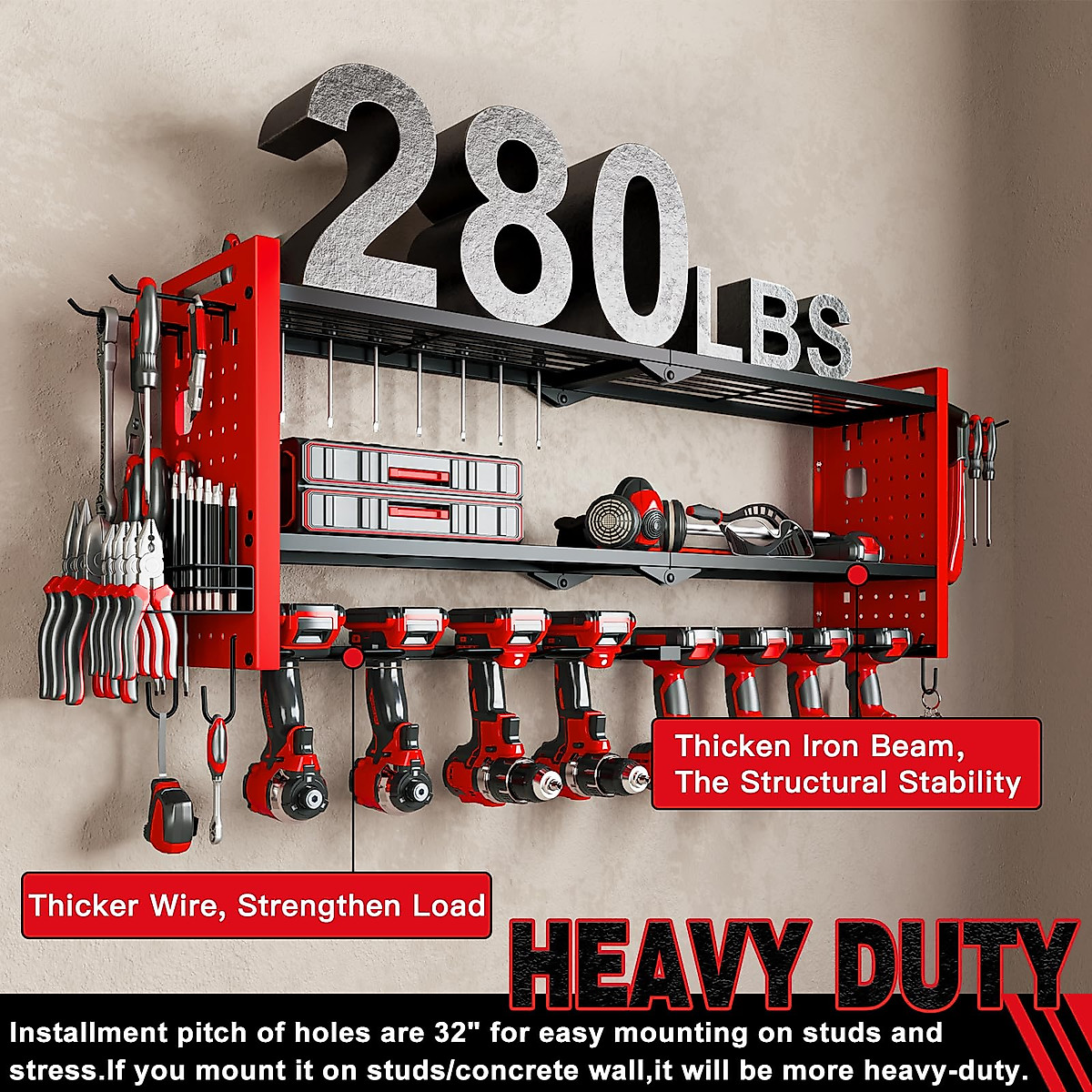 NattyDot Power Tool Organizer Wall Mount,Cordless Drill Hanger Storage Rack 8 Drill Holder,3 Layers Heavy Duty Power Tool Storage Rackr(Red)