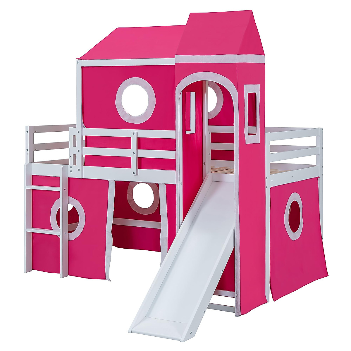 Full Size House Loft Bed Kids Loft Beds with Slide, Tent and Tower, Solid Wood Loft Bed with Small Pinnacle for Kids Girls Boys Teens (Pink)