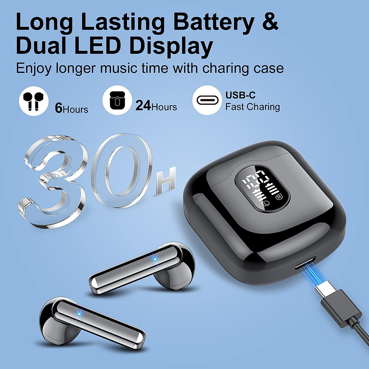 Aptkdoe Wireless Earbuds, Bluetooth 5.3 Headphones with Hi-Fi Stereo Clear Call Mic, 30 Hrs Playtime Bluetooth Earbuds Touch Control with LED Display, IPX7 Waterproof Earphones for iOS Android Laptop