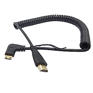 SinLoon Angle 90 Degree Right Mini HDMI to HDMI, Right Angled Mini-HDMI Male to HDMI Male Gold Plated Converter Adapter Coiled Spiral Cable,Support 3D, 1080P,1.5~10 Feet（90Mini-HDMI Right）