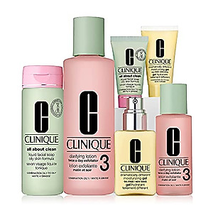Clinique Great Skin Home & Away Gift Set (Skin Types 3 & 4): 1 Liquid Facial Soap Oily Skin Formula 6.7 Oz + 1 Clarifying Lotion 3 with Pump 16.5 Oz + 1 Dramatically Different Moisturizing Gel with Pump 4.2 Oz + 1 Liquid Facial Soap Oily Skin Formula 1 Oz