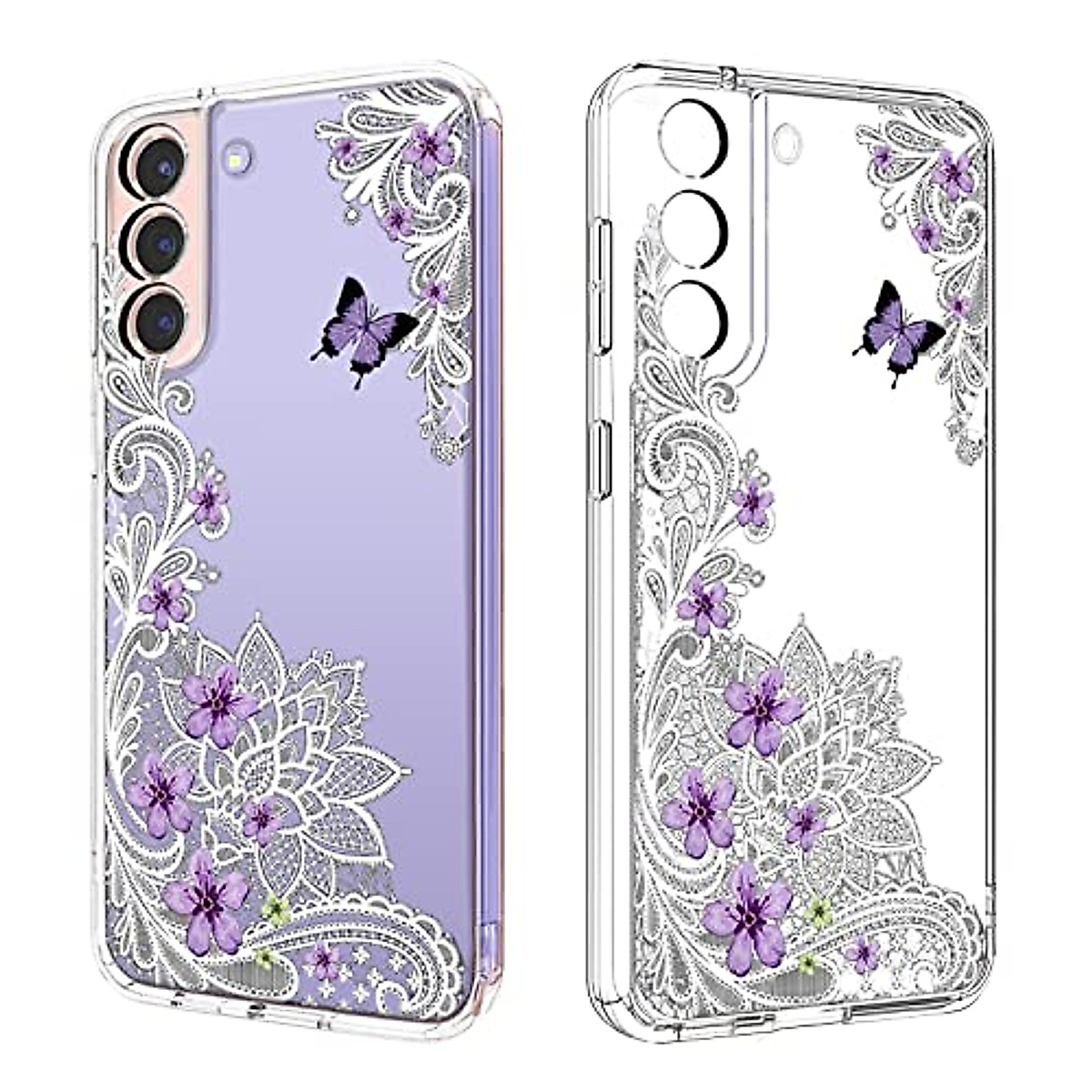 White Lace Case for Samsung Galaxy S21 FE 5G,Butterfly Floral Flower Pattern for Women Girl Glitter Clear Ultra Slim Soft Silicone TPU Protective Cover Compatible for Samsung Galaxy S21 FE 6.4INCH