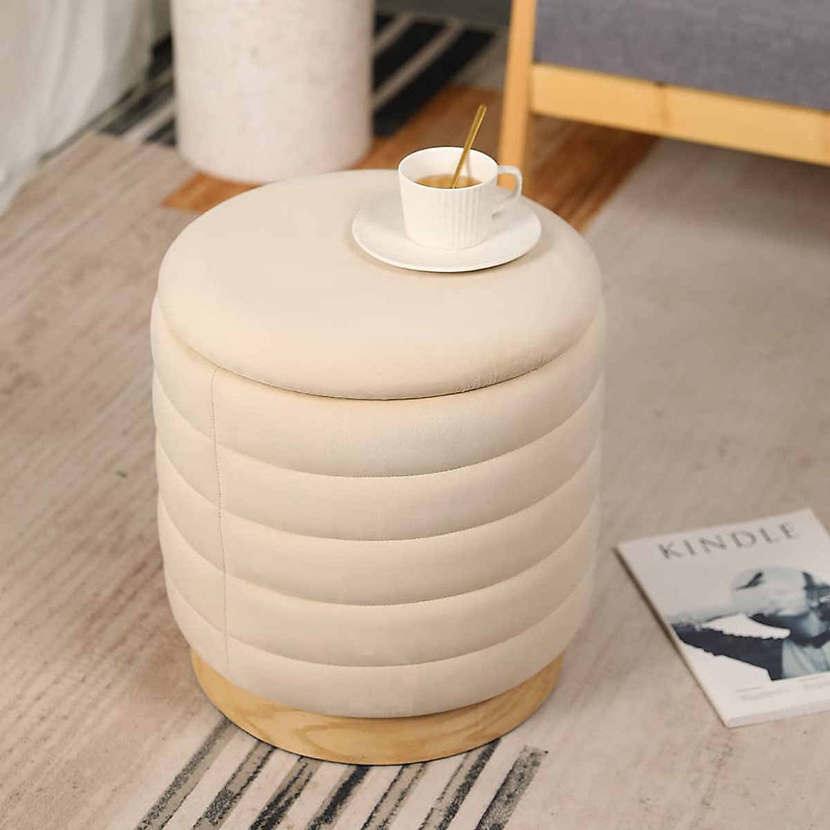 NEWIMAGE Round Ottoman Storage Box Dutch Velvet Pouffe Footstool 15.5'' Padded Stool Seat with Wooden Base, Footrest Vanity Stool with Lids for Bedroom Living Room Balcony Snack(Cream Horizontal Line)