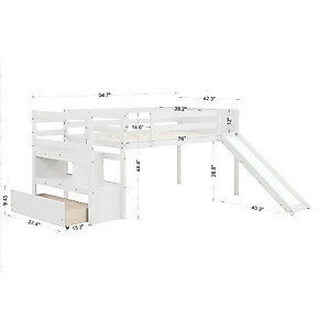 Low Loft Bed with Slide and Stairs Twin Loft Bed with Storage Wood Bed Frame for Kids Teens Girls Boys， White