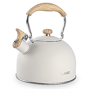 Tea Kettle, BELANKO 85 OZ / 2.5 Liter Whistling Tea Kettle Pots for Stove Top Food Grade Stainless Steel with Wood Pattern Folding Handle, Loud Whistle for Tea, Coffee, Milk - Milk White