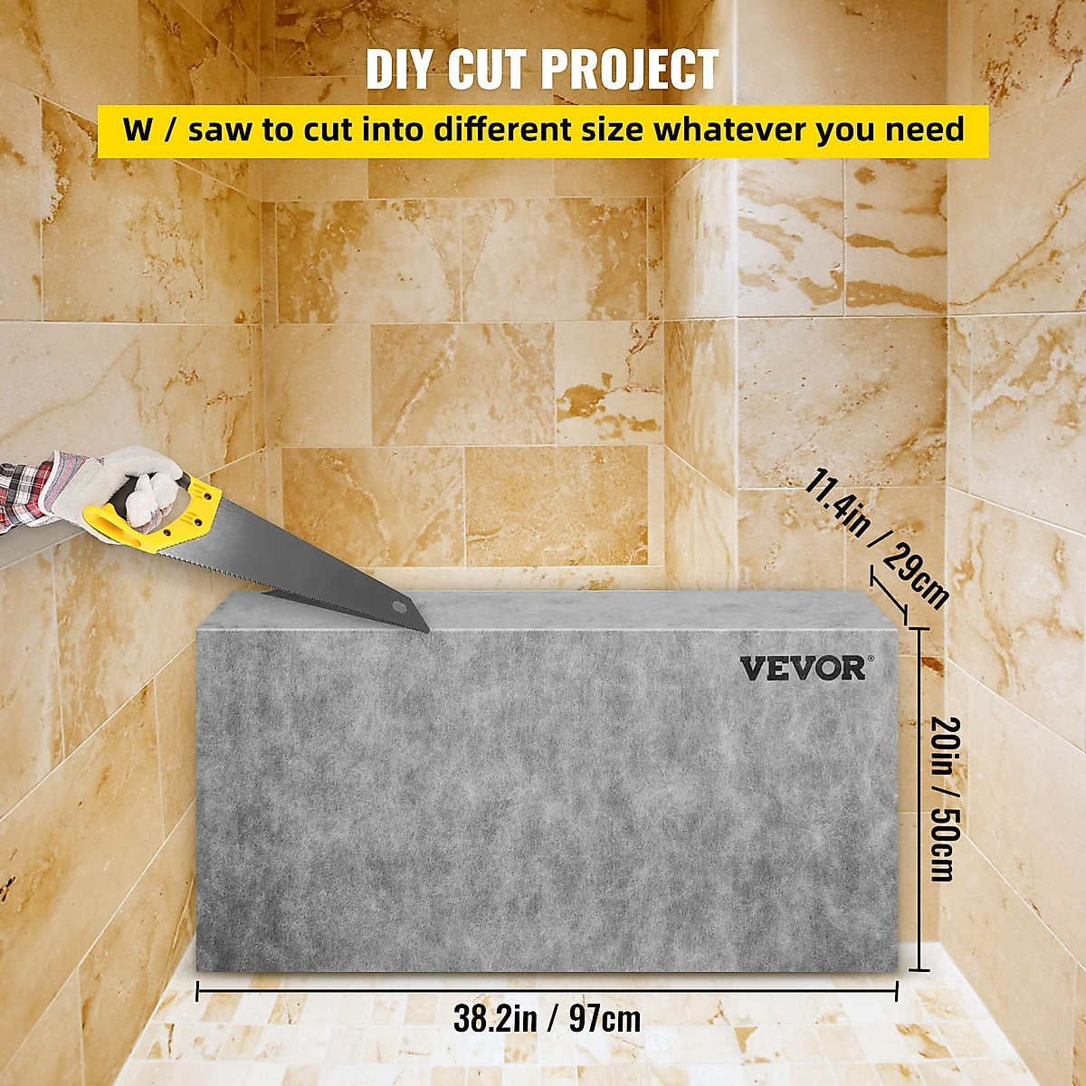 VEVOR Ready to Tile Shower Seat, 38.2" x 11.4" x 20" corner shower bench, Factory Waterproof & 100% Leak Proof Tileable Shower Corner Seat, 440lbs Load-Bearing Rectangular Board Shower Bench, Grey