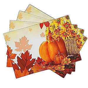 Pumpkin Placemats Set of 4 Fall Leaves Sunflowers Washable Non-Slip Heat Resistant 12×18 Inch Thick Linen Place Mats Autumn Harvest Thanksgiving Festival Decorative Fabric Table Mat for Dining Table