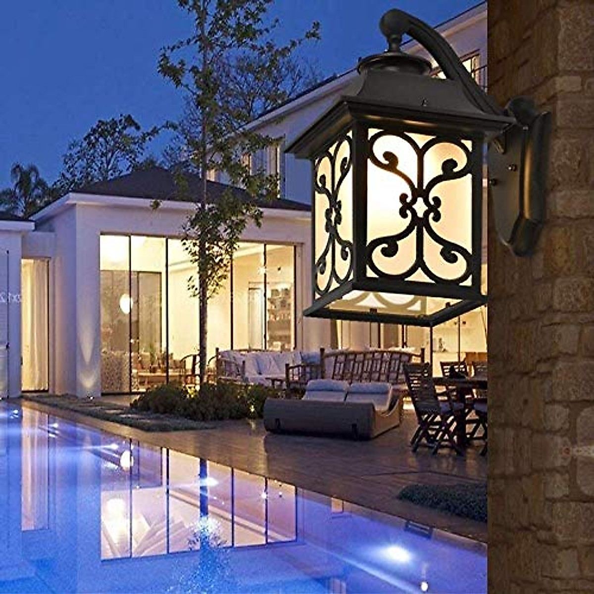 PEHUB E27 European Antique Porch Wall Sconce Outdoor Garden Waterproof Aluminum Black Finish Wall Lamp Square Glass Lampshade Exterior Wall Mount Lighting Fixture Villa Decor Wall Light Exterior Light