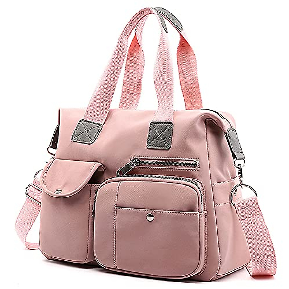 Women Utility Tote Bag Waterproof Nylon Multi Pocket Shoulder Bags Work Bag Teacher Purses and Handbags for Nurses (Baby Pink)
