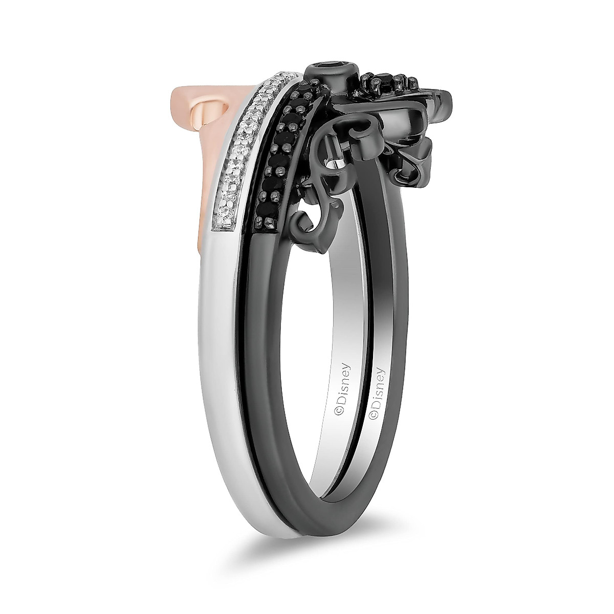 Jewelili Enchanted Disney Fine Jewelry Aurora and Maleficent Duo Stack Ring in Black Rhodium and Rose Gold Over Sterling Silver 1/5 CTTW with Treated Black and Natural White Round Diamonds, Size 8