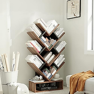 Arts wish Tree Bookshelf 5-Shelf Floor Standing Bookcase, Free Standing Magazines Books Tree Rack for Living Room Home Office Bedroom, Walnut+Black