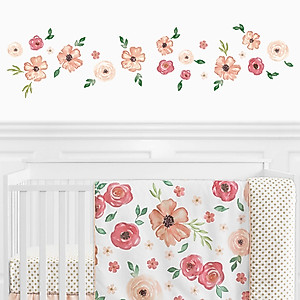 Sweet Jojo Designs Peach, Green and White Wall Decal Stickers for Peach Watercolor Floral Collection - Set of 4 Sheets - Pink Rose Flower