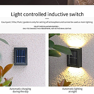 CALIDAKA 2 Pack LED Solar Wall Light, Up and Down Outdoor Security Wall Lamps, IP65 Waterproof Solar Outdoor Lights, Solar Fence Lights LED Solar Wall Lights for Home Garden Porch(Warm Light)