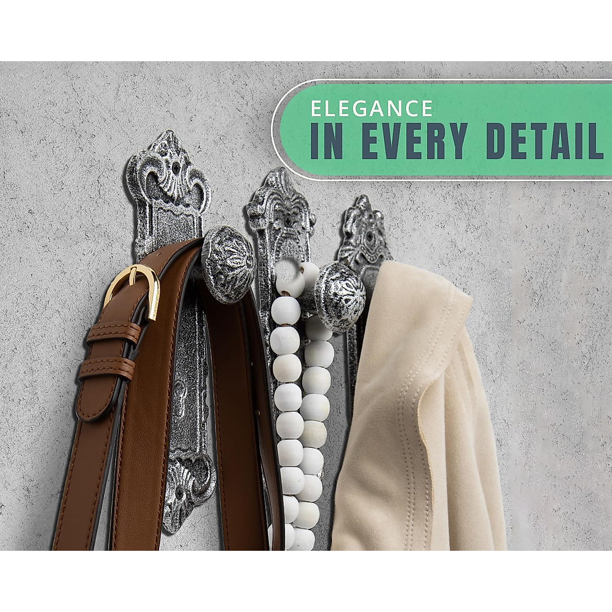 Shabby Chic Cast Iron Decorative Wall Mounted Hooks – Silver w/Black - Door Knob Coat Hooks for Wall - Set of 3 - Screws and Anchors Included - Antique Wall Hooks for Hanging Clothes