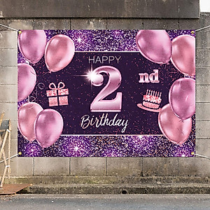 PAKBOOM Happy 2nd Birthday Banner Backdrop - 2 Birthday Party Decoration Supplies for Girls - Pink Purple Gold 4 x 6ft