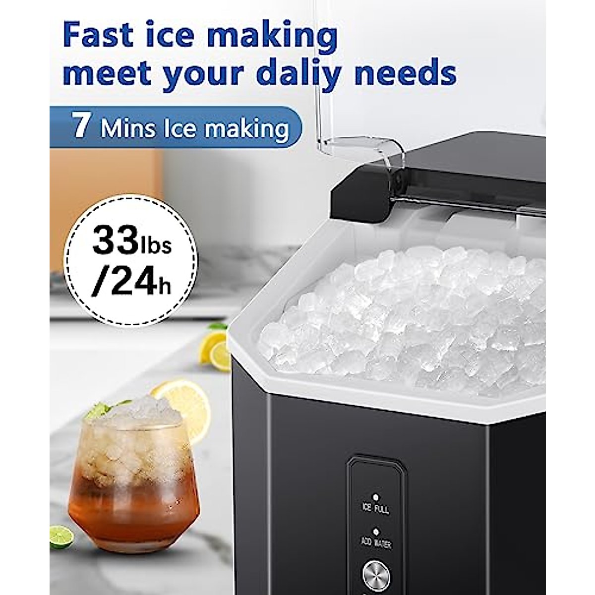 Joy Pebble Ice Maker Countertop, 10,000pcs/33lbs/Day Pebble Ice, Portable Nugget Ice Maker Machine with Handle, Self-Cleaning, Ice Scoop and Basket, Handheld Ice Maker for Kitchen/Home/Office/Party