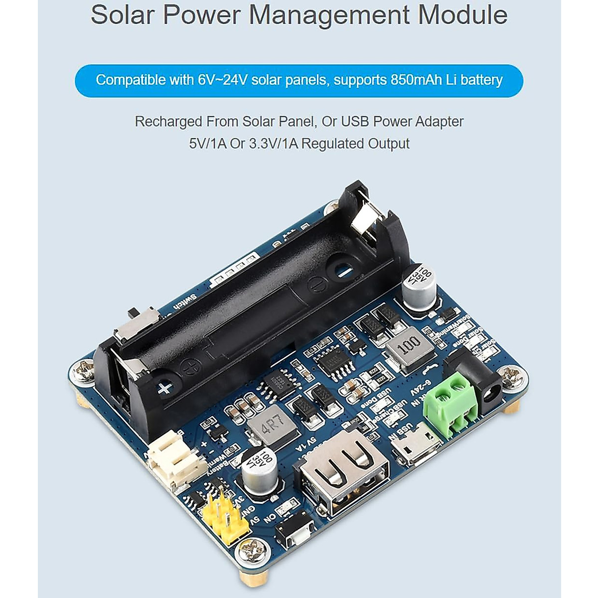 Recharged Solar Power Management Module for 6V~24V Solar Panel, Support Solar Panels, Or USB Power Adapter Battery Charging, 5V/1A or 3.3V/1A Regulated Output