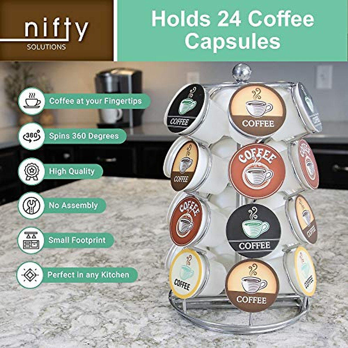 Nifty K Cup Holder – Compatible with K-Cups, Coffee Pod Carousel | 24 K Cup Holder, Spins 360-Degrees, Lazy Susan Platform, Modern Chrome Design, Home or Office Kitchen Counter Organizer
