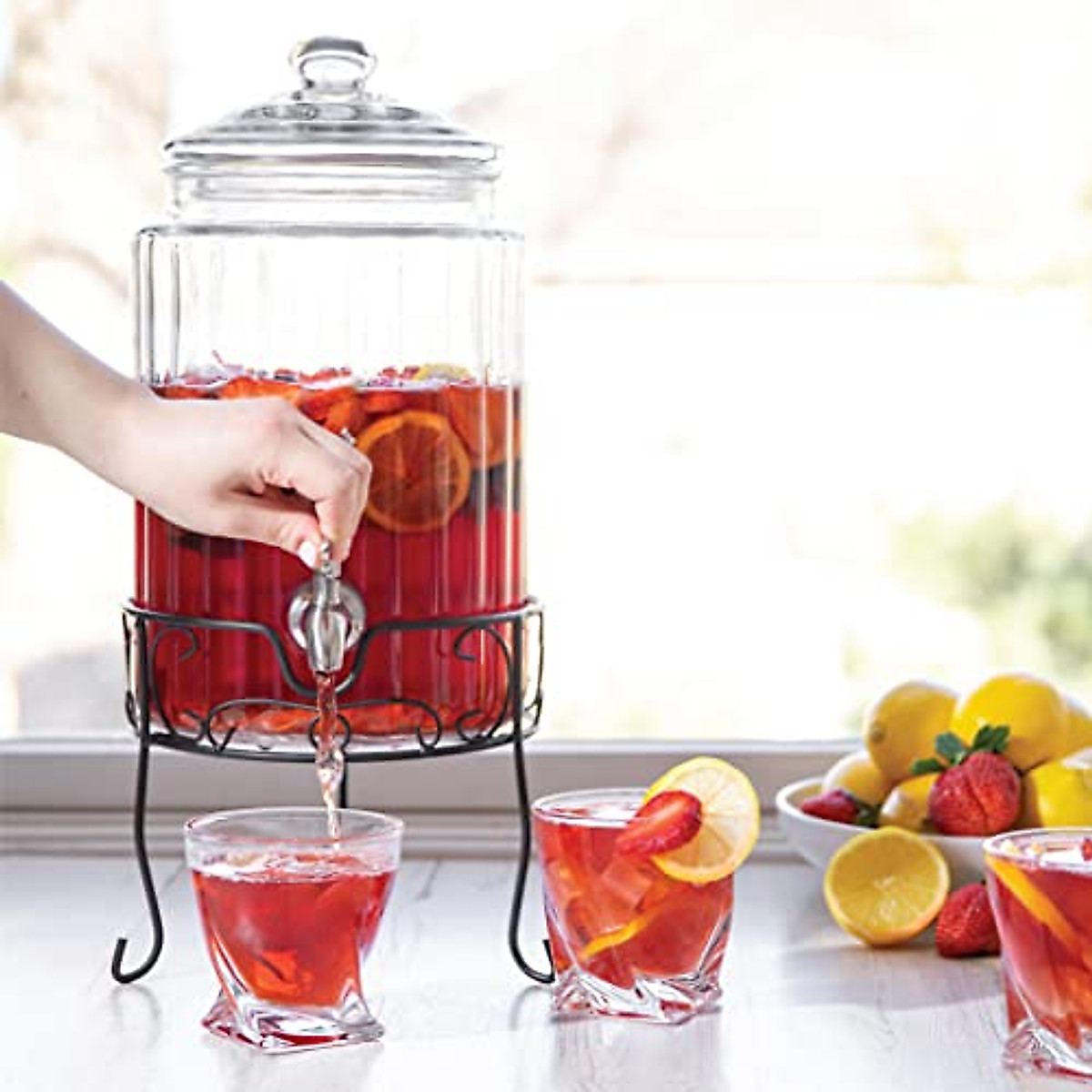 1.5 Gallon Glass Beverage Dispenser with Stainless Steel Spigot on Metal Stand, Mason Drink Dispenser For Parties, Sun Tea, Iced Tea, Water or Kombucha