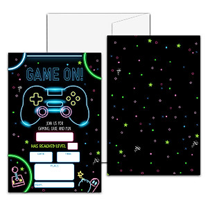 Video Game Theme Birthday Party, Fun Gaming Party Invitation Fill-In Invites For Men & Women, 20 Game On Invitations With Envelopes(4" X 6")，Adults Party Favors Decorations And Supplies-09