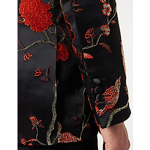 Mens Floral Bird Embroidery Black Gold Tux Jacket Stunning Party Wedding Blazer Waistcoat[TUX-8600-1,46,Black-Red]