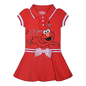 Sesame Street Elmo Girls’ Polo Dress for Infant and Toddler – Red/White