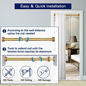 YNL Tension Shower Curtain Rod- No Drill, Never Rust, Non-Slip Spring Tension Rods for Bathroom, 45-80 inches, Stainless Steel, Brushed Gold