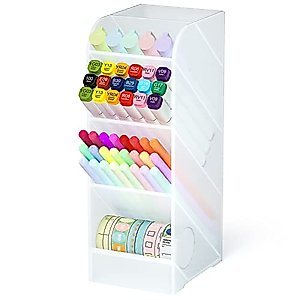 Asten Pen Holder, Pencil Holder for Desk, Pen Organizer for Office, School, Desktop, Large Capacity Pen Storage Organizer with 5 Compartment for Pens, Markers, Makeup Brush, Cosmetics (Clear, 1 Pack)