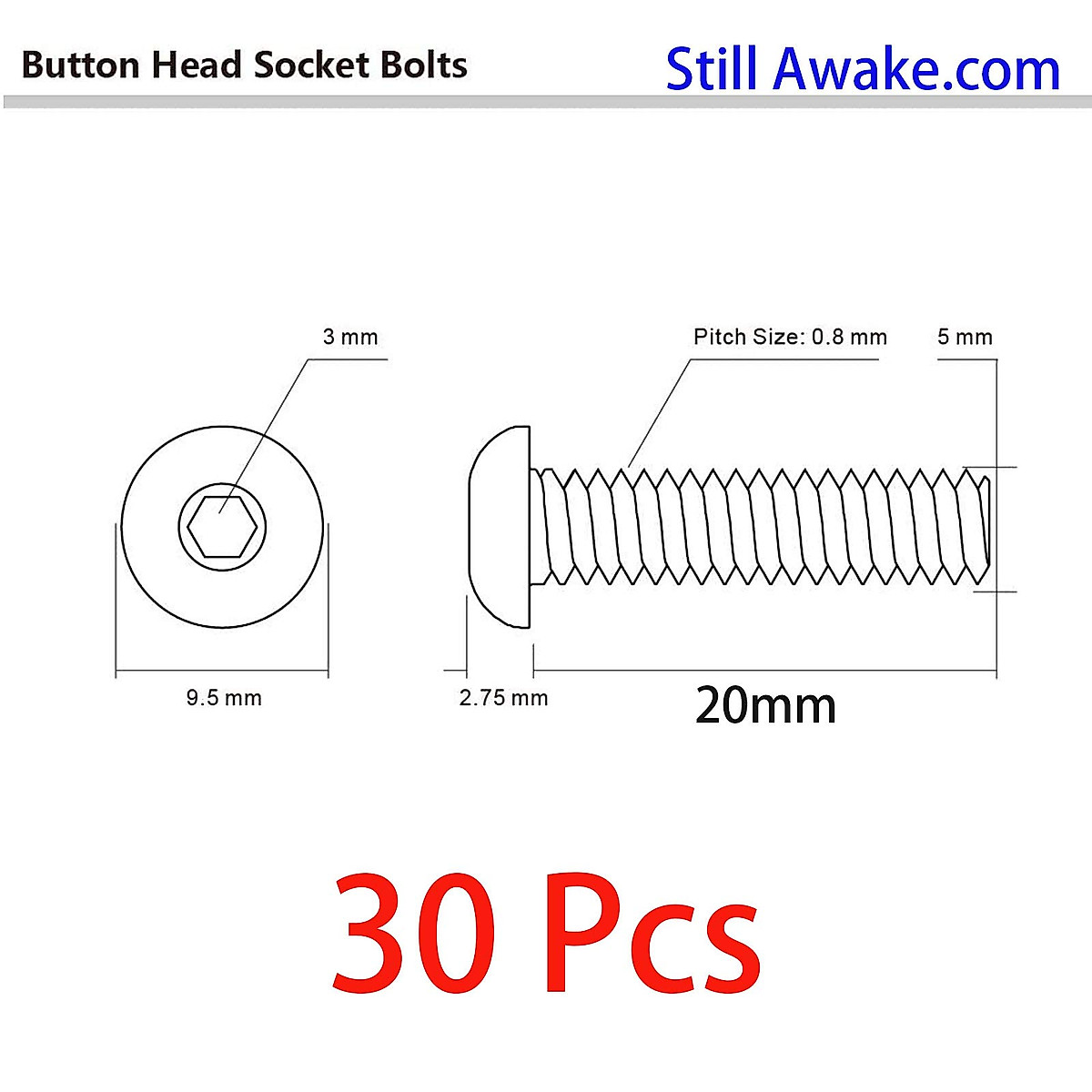 30 Pcs M5-0.8x20mm Button Head Socket Cap Screws, Stainless Steel 18-8 (304), Bright Finish, Fully Threaded, Allen Hex Button Head Screws (30 Pcs M5-0.8x20mm)