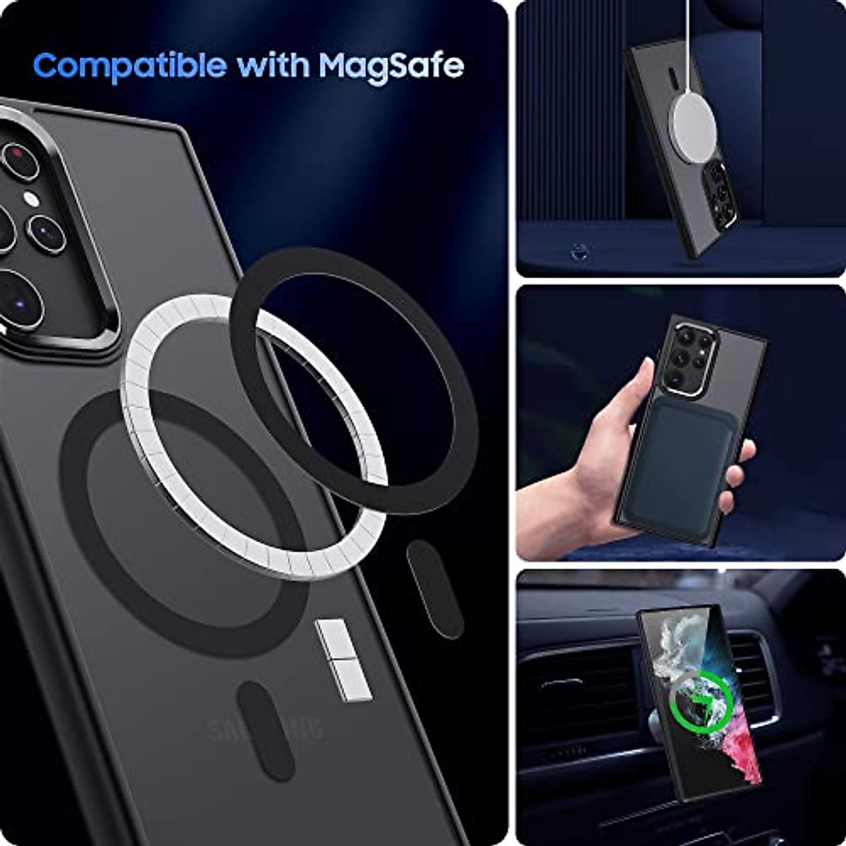 MAKAVO Translucent Matte for Samsung Galaxy S22 Ultra Case, Compatible with MagSafe, Slim Thin Magnetic Cover with Camera Lens Protector Shockproof Phone Shell (Black)