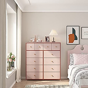 EnHomee Pink Dresser for Girls Bedroom with 12 Drawers, Dresser for Bedroom with Sturdy Metal Frame and Wooden Top, Bedroom Dressers & Chests of Drawers for Bedroom, Nursery, Closet, Pink