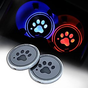 ACODABLEM 2 Pack LED Cup Holder Lights, Dog Paw Car Coaster with 7 Colors Changing USB Charging Mat, Luminescent Cup Pad Interior Atmosphere Lamp Decoration Light (Multi)