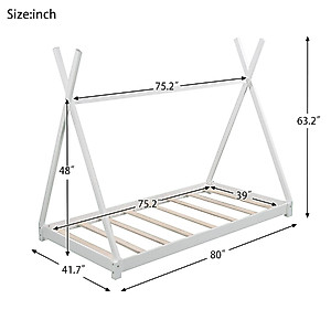 Solid Wood Twin Size Canopy Platform Bed with Triangle Structure, Twin Floor Bed Frame for Boys, Girls, Teens, Mattress Base, No Box Spring Needed (White)
