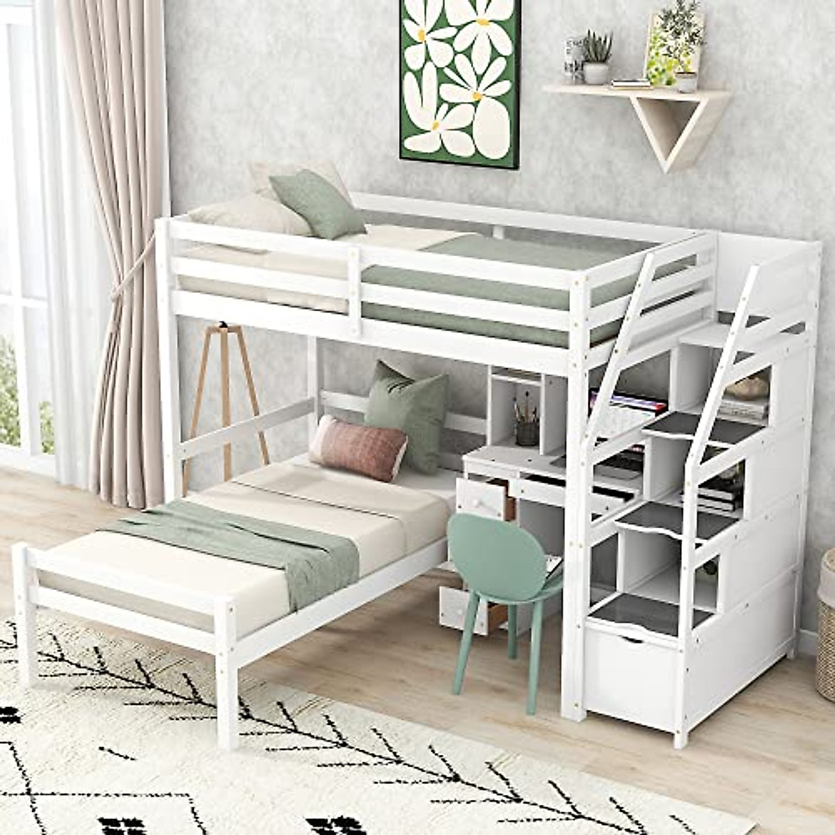 ODC Twin Over Twin Bunk Bed with Desk,Multifunctional Twin Size Loft Bed with a Platform Twin Bed and Storage Staircase, Solid Wood Loft Bed Frame with Shelves/Drawers for Kids Teens Adults