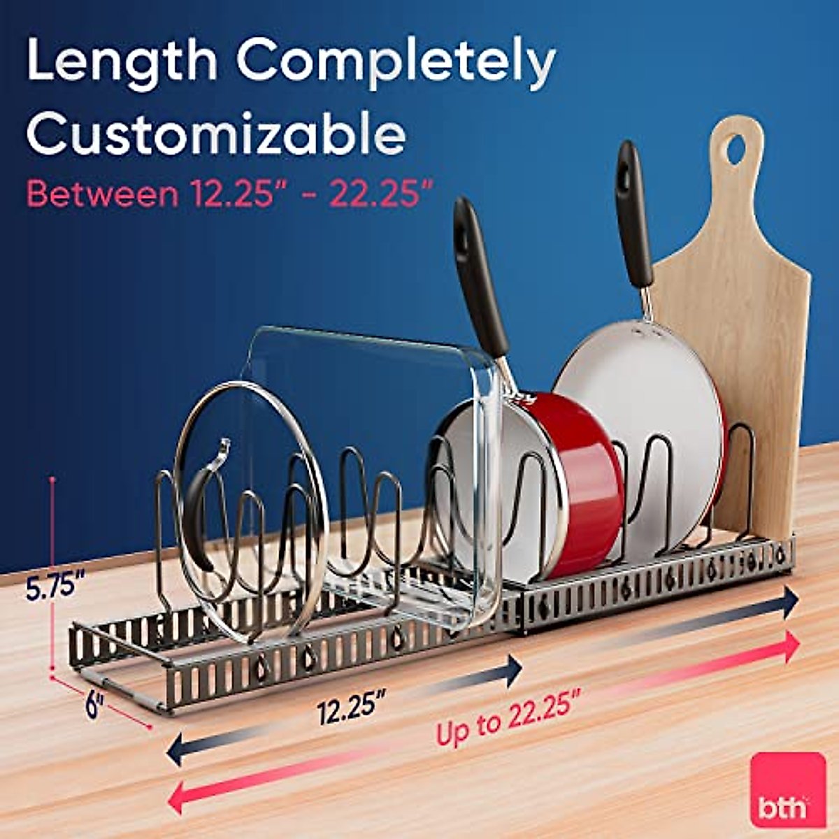 10+ Pot lid organizer for Cabinet - BTH Pot Lid Organizer Holder with 10 Adjustable Compartments - Anti-Scratch Padding - Ideal for Cookware, Bakeware, and Frying Pan Racks (Dark Grey)