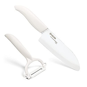 Kyocera Advanced Ceramic Revolution Series 5-1/2-inch Santoku Knife and Y Peeler Set, White
