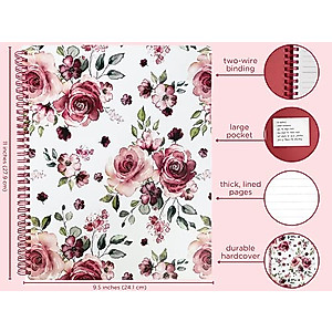 Steel Mill & Co Cute Large Spiral Notebook College Ruled, 11" x 9.5" with Durable Hardcover and 160 Lined Pages, Rose Floral