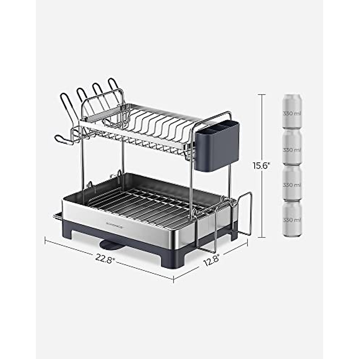 SONGMICS Dish Drying Rack - 2 Tier Dish Rack for Kitchen Counter with Rotatable and Extendable Drain Spout, Dish Drainer with Utensil, Cup, Glass, Cutting Board Holders, Gray UKCS032E01