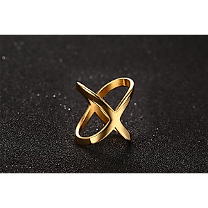 MEALGUET Gold Plated Stainless Steel X Criss Cross Statement Ring for Women Stackable Gold-tone Fashion Party Cocktail Rings Wide Band,size 9