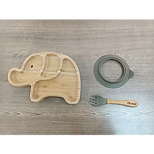 Bluejr Elephant-Shaped Bamboo Plate & Fork Set - Fun & Secure Dining for Toddlers, Babies - Silicone Suction, Three-Compartment Wooden Kids Plate, Eco-Friendly Animal-Shaped Dish Set