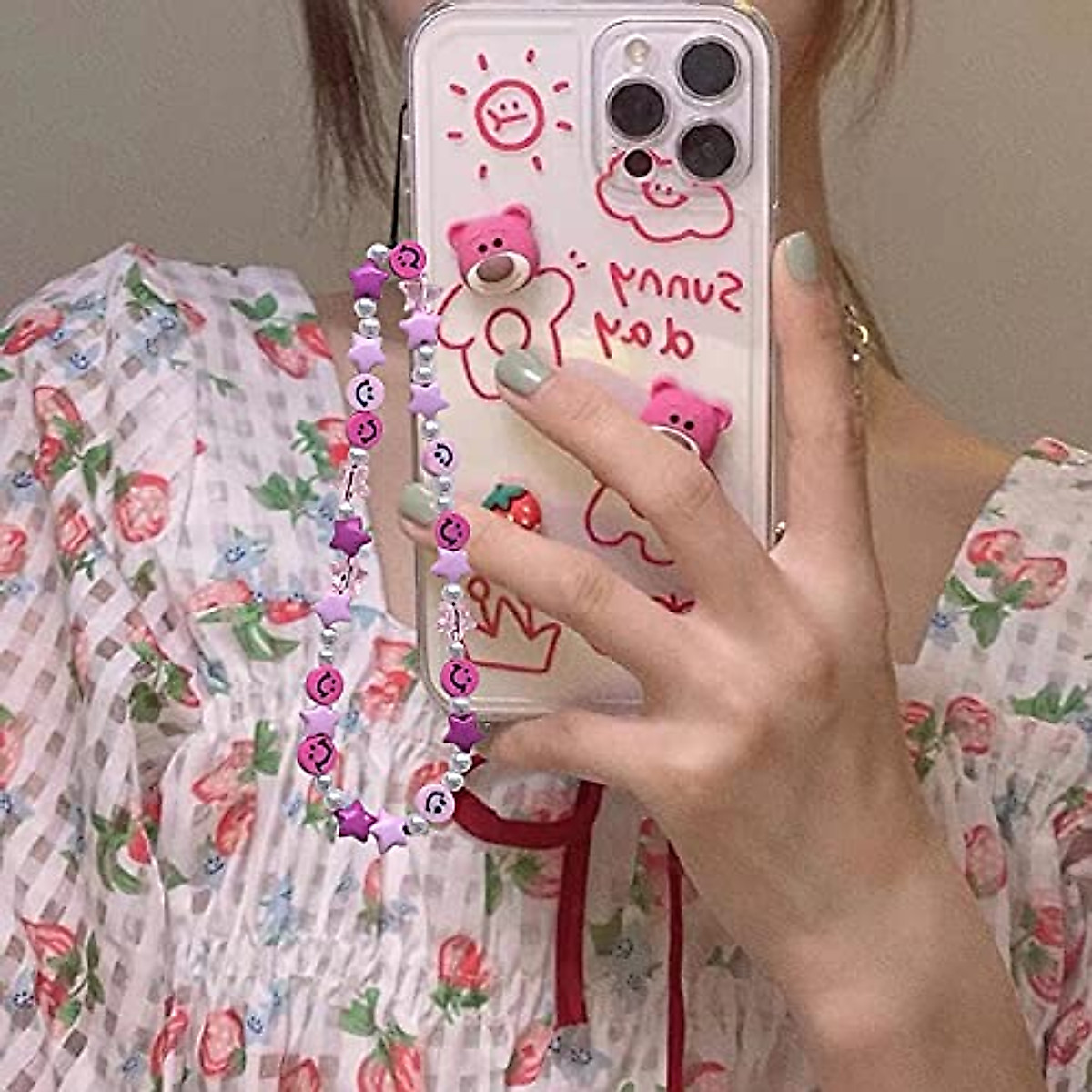 Vatogon Beaded Phone Strap Y2K Beaded Phone Charms Smiley Face Fruit Star Letter Pearl Handmade Rainbow Acrylic Polymer Clay Beads Keychain for Women Girls (6Pcs-D)