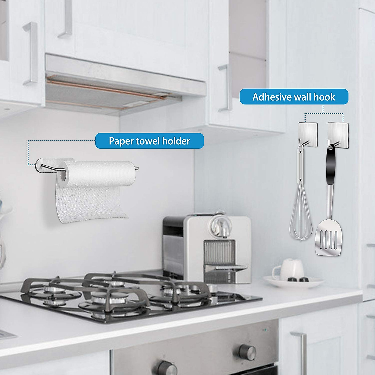 Paper Towel Holder - Self Adhesive Paper Towel Rack Under Cabinet Mount SUS304 Stainless Steel for Kitchen Bathroom Large Roll Paper, 4 Piece (Matte Black)