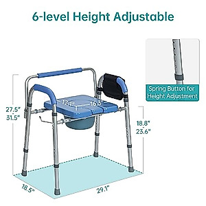 ELENKER Heavy Duty Raised Toilet Seat with Armrests and Padded Seat, Elevated Toilet Seat Riser, Medical Bedside Commode Chair for Elderly and Disabled, Blue
