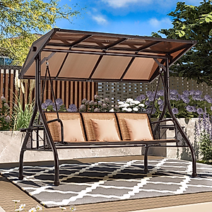 RYNSTO Outdoor Porch Swing with Adjustable Hardtop, Backrest, 3-Person Patio Canopy Swing Textilene Bed with Side Cup Holder, Pillow for Garden, Deck, Back Yard, Lawn (Brown)