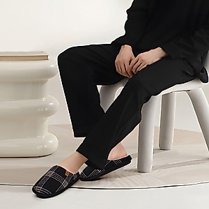 COFACE Mens Black Flano Plaid Cozy Memory Foam scuff Slippers Slip On Warm House Shoes Indoor/Outdoor With Best Arch Support Size 9